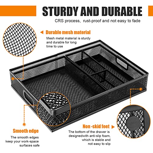 HOPECK Desk Drawer Organizer Tray for Office and Home, Metal Mesh Desk Organizer Storage Basket, 12.2 x 8.9 x 2.48inch,Black