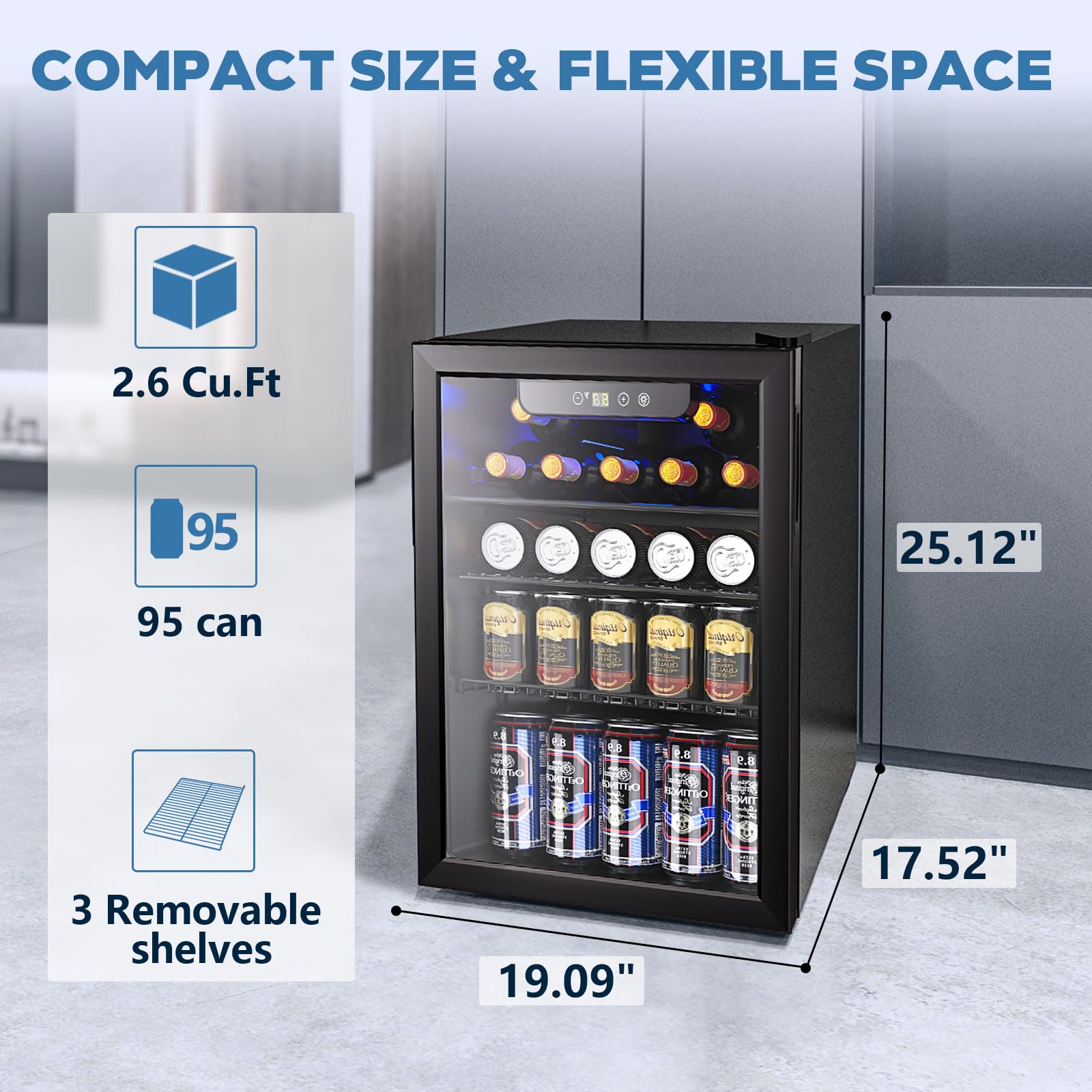 Joy Pebble Beverage Refrigerator Cooler,95 Can Mini Fridge with Glass Door for Beer Soda Wine, Small Drink Fridge with Adjustable Thermostat, Beverage Fridge for Bar Home Office,2.6Cu.Ft