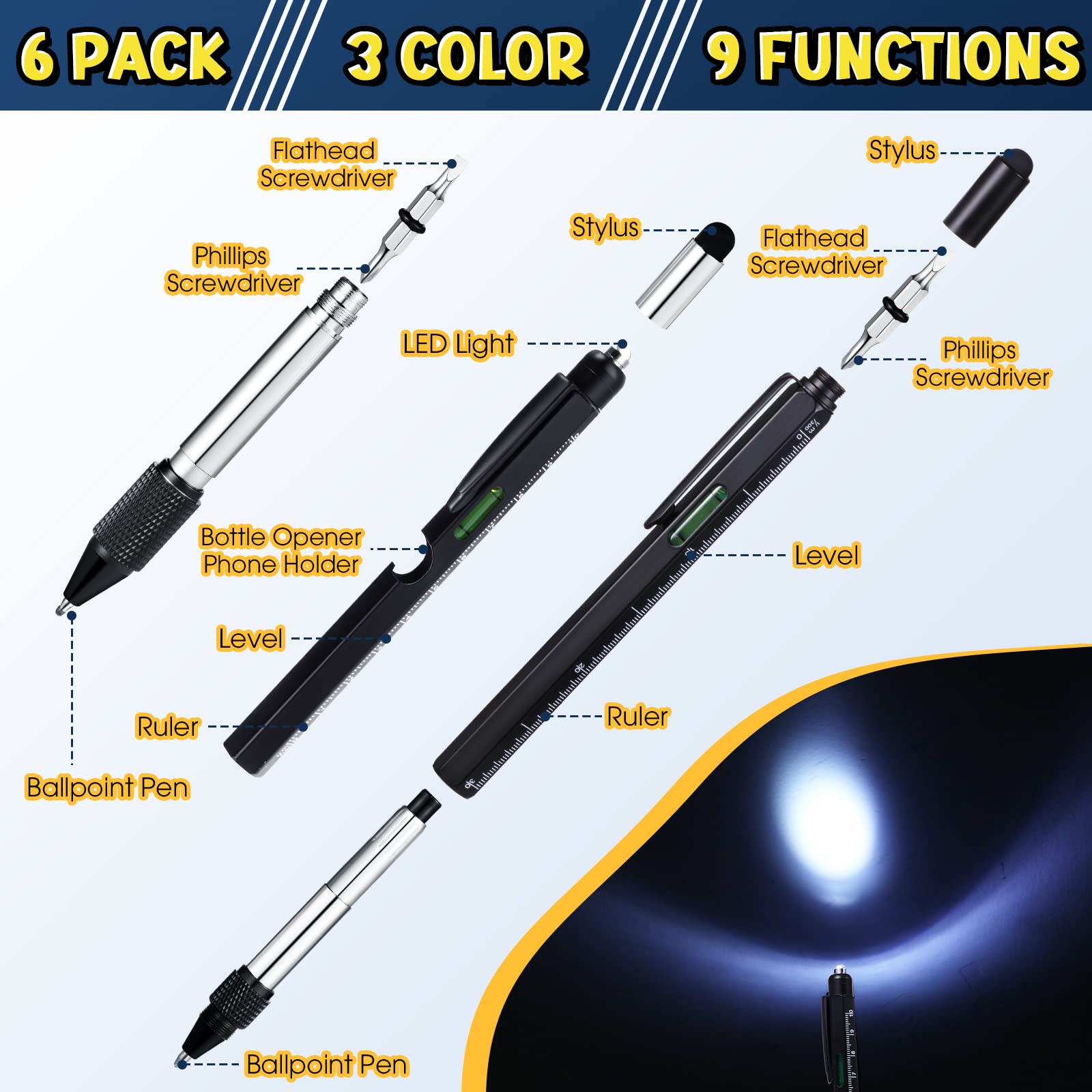 6 Pieces 9 in 1 Multitool Pen Set, Gifts for Men Him Dad Cool Gadgets for Father's Day Christmas Gifts Stocking Stuffers for Men Tool Pen with LED Light Stylus Level Screwdriver Ruler