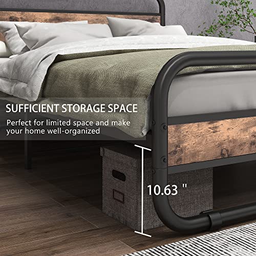 Albearing Queen Size Bed Frame with Wooden Headboard and Footboard, Heavy Duty Oval-Shaped Platform Bed with Under-Bed Storage, Steel Slats Mattress Foundation Round Pipe Design,Brown