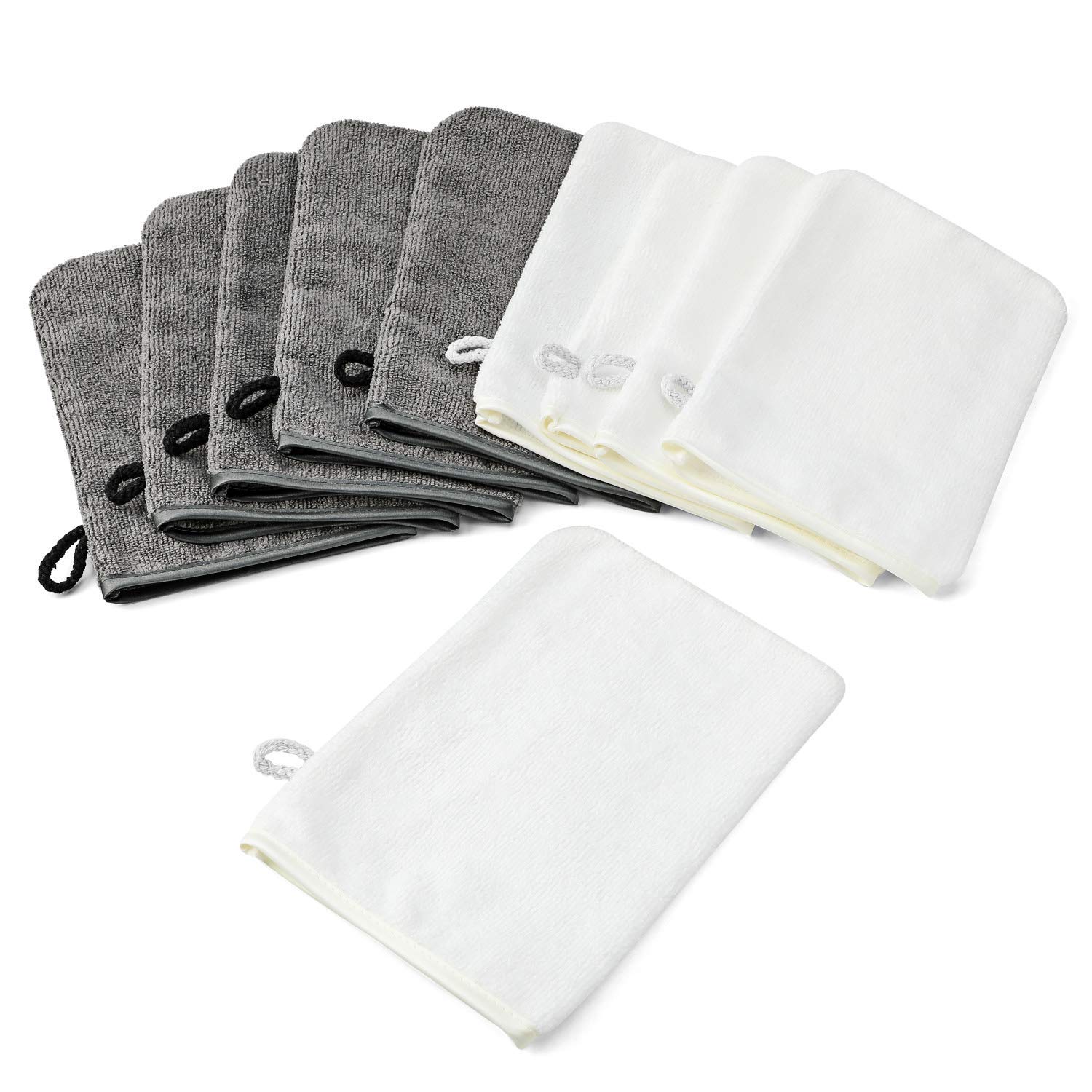 PHOGARY 10 Pack Microfiber Body Wash Mitts, Soft Face Mitten, Bath Spa Cloth, Reusable Makeup Remover Mitt Gloves, European Style Wash Cloth, 6×8 inch, White and Grey