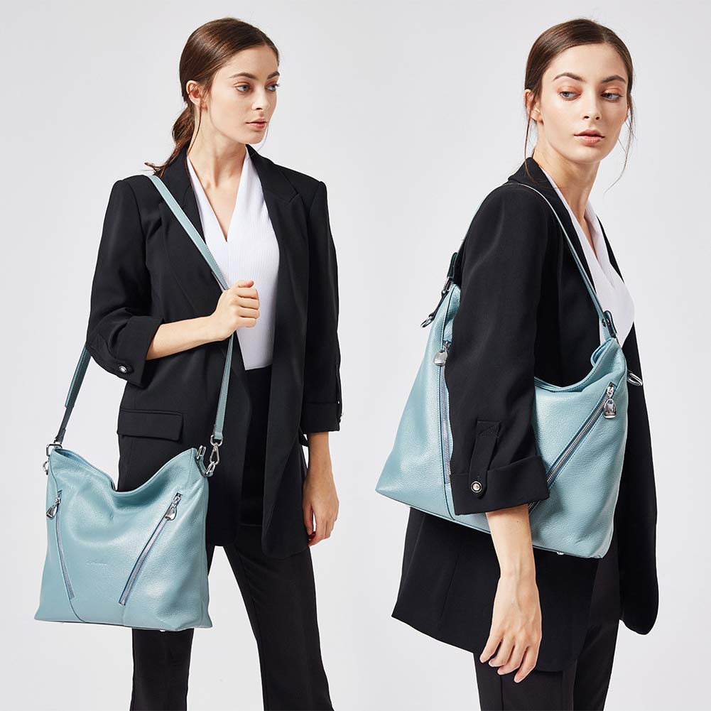 BOSTANTEN Women Leather Handbag Designer Large Hobo Purses Shoulder Bags Blue and Small Bifold Zipper Pocket Wallet Card Case Purse with ID Window Blue