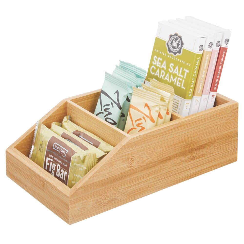 mDesign Bamboo Wood Food Storage Bin with Divided 3 Compartments and Sloped Front for Kitchen Cabinet, Pantry, Shelf to Organize Seasoning Packets, Powder Mixes, Spices, Snacks - 2 Pack - Natural