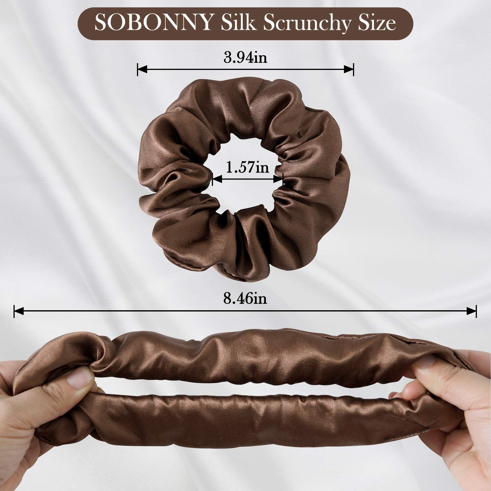 SOBONNY Silk Scrunchies for Women - 100% Mulberry Silk Hair Ties, 3 Pack, No Damage Elastic Ponytail Holders (Brown, Black, Pink)