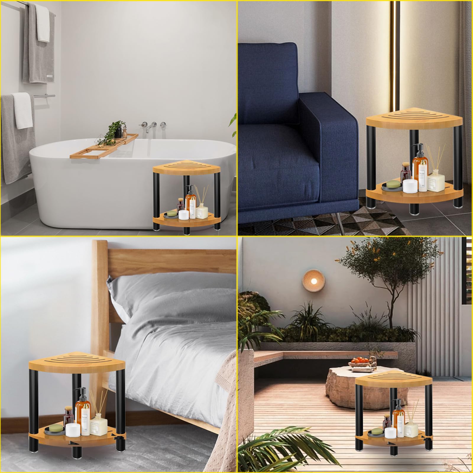 Corner Shower Bench with Storage Shelf,Waterproof Bamboo Corner Shower Stool for Shaving Legs,Sturdy and Non-Slip Shower Chair for Bathroom,Adjustable Feet Bath Step Easy Assemble Shower Seat (Black)
