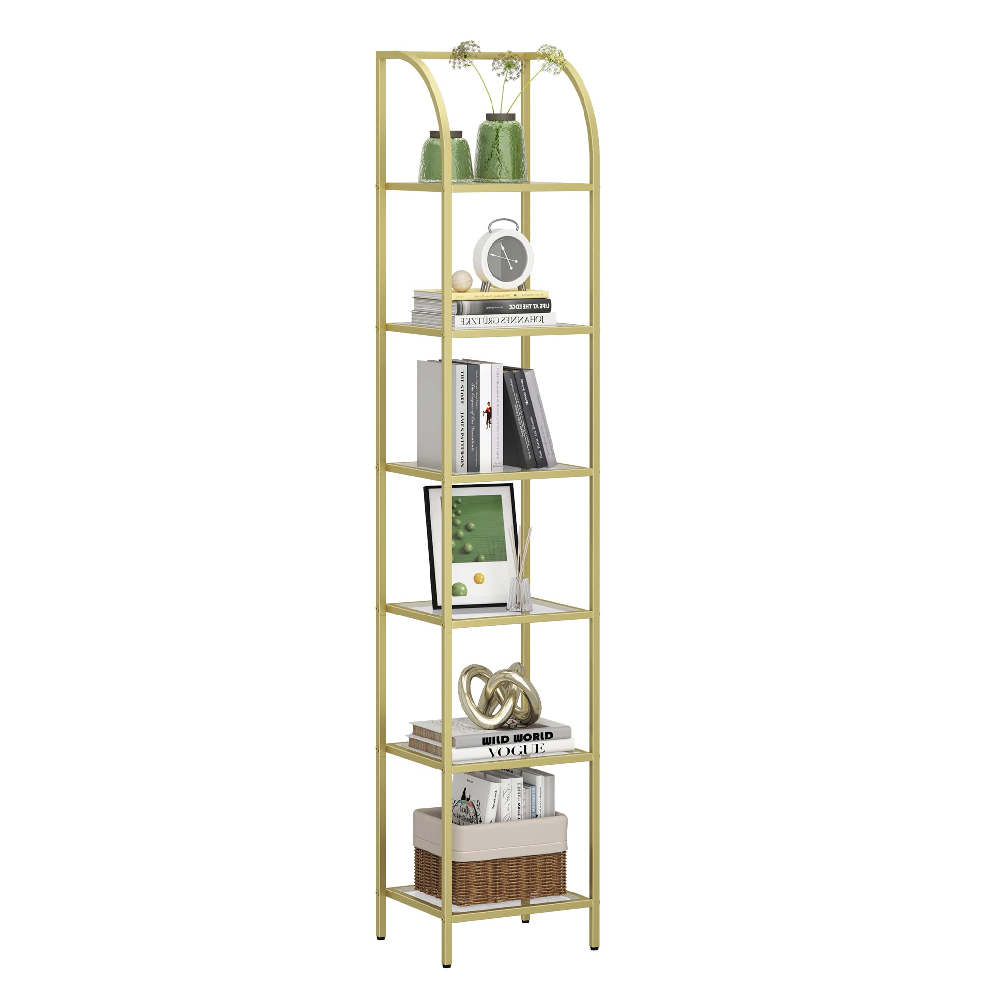 Hzuaneri Bookcase Bookshelf, Tempered Glass Arched Bookshelf for More Storage, Slim Shelving Unit for Bedroom, Bathroom, Home Office, Steel Frame, 6 Tier Gold BC20699G