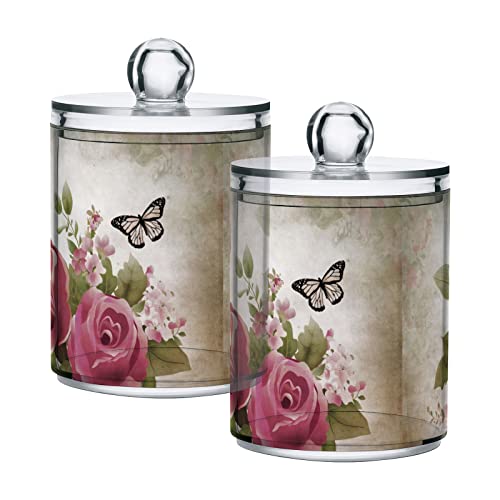 ALAZA 2pcs Vintage Rose Flower Butterfly Qtip Holder Dispenser 14 oz Bathroom Storage Clear Apothecary Jars Containers Cotton Ball,Cotton Rounds,Floss Picks, Hair Clips, Food