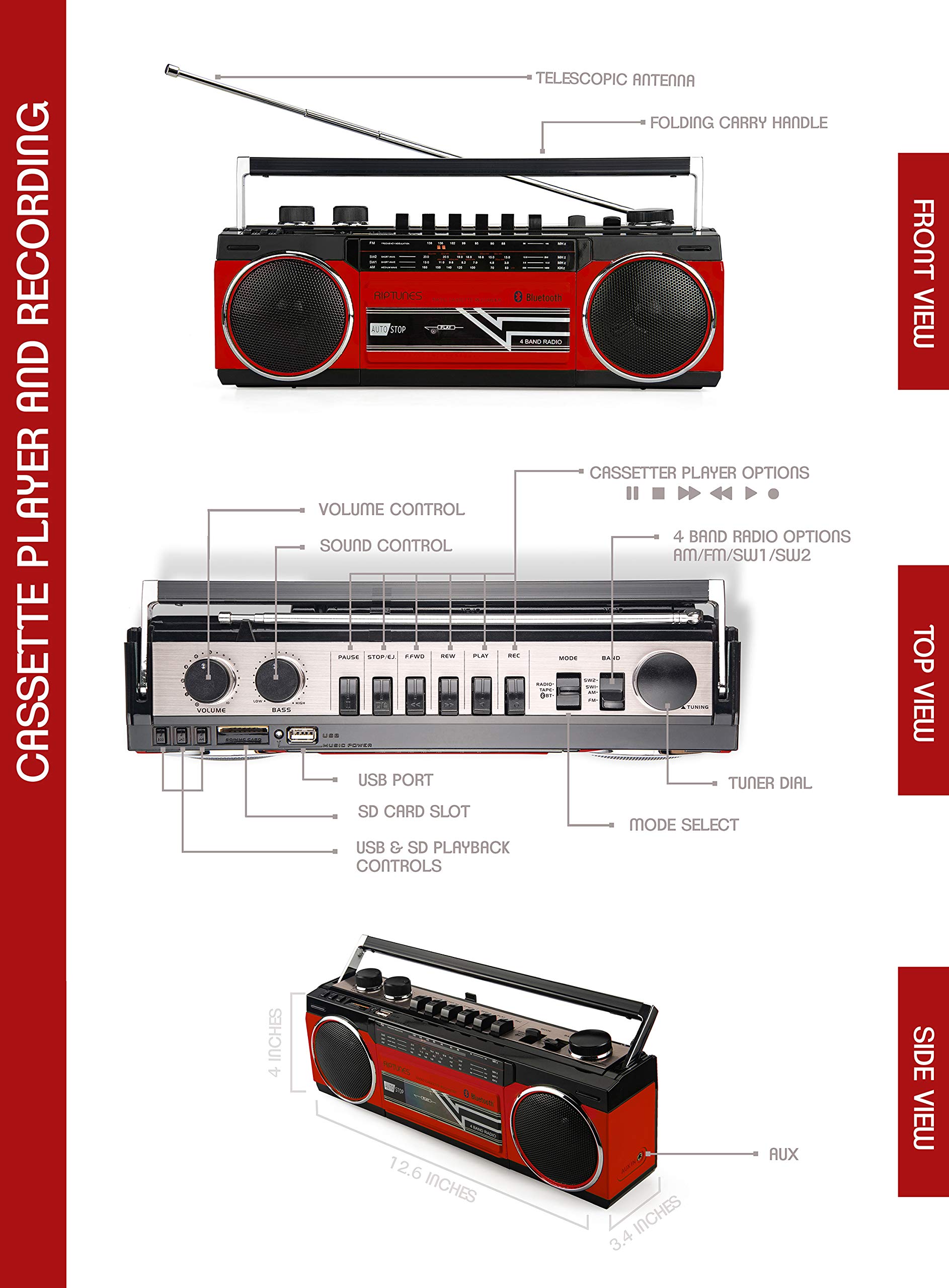 Riptunes Cassette Boombox, Retro Blueooth Boombox, Cassette Player and Recorder, AM/FM/SW-1-SW2 Radio-4-Band Radio, USB, and SD, RED