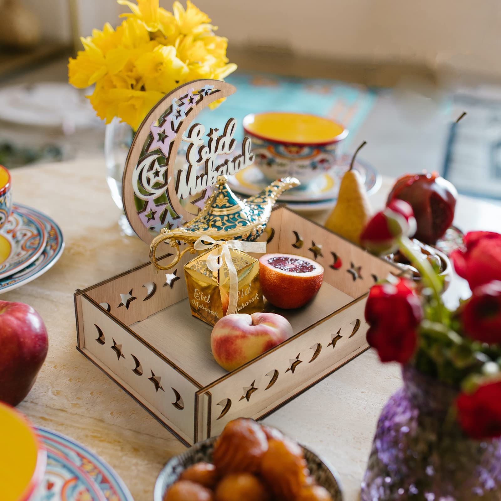 2PCS Ramadan Trays Decorations, Eid Mubarak Islamic DIY Wooden Serving Trays Breakfast Food Dessert Tray Muslim Gift for Home Table Party Supplies