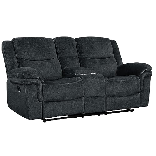 FULife Oversized Manual Motion Recliner 2 Seaters Sofa Wall Hugger Chair Double Reclining Sectional Couch Loveseat Lounge Sofá with USB Ports,Power Sockets,Center Storage Console&Cup Holders