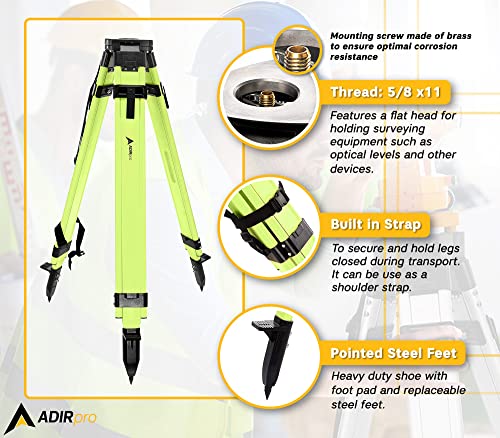 AdirPro High Visibility Universal Survey Tripod β Aluminum Laser Level Tripod β Transit Level Tripod - Quick Clamp - Heavy Duty Contractor Tripod 5/8β x 11β Thread (Green)
