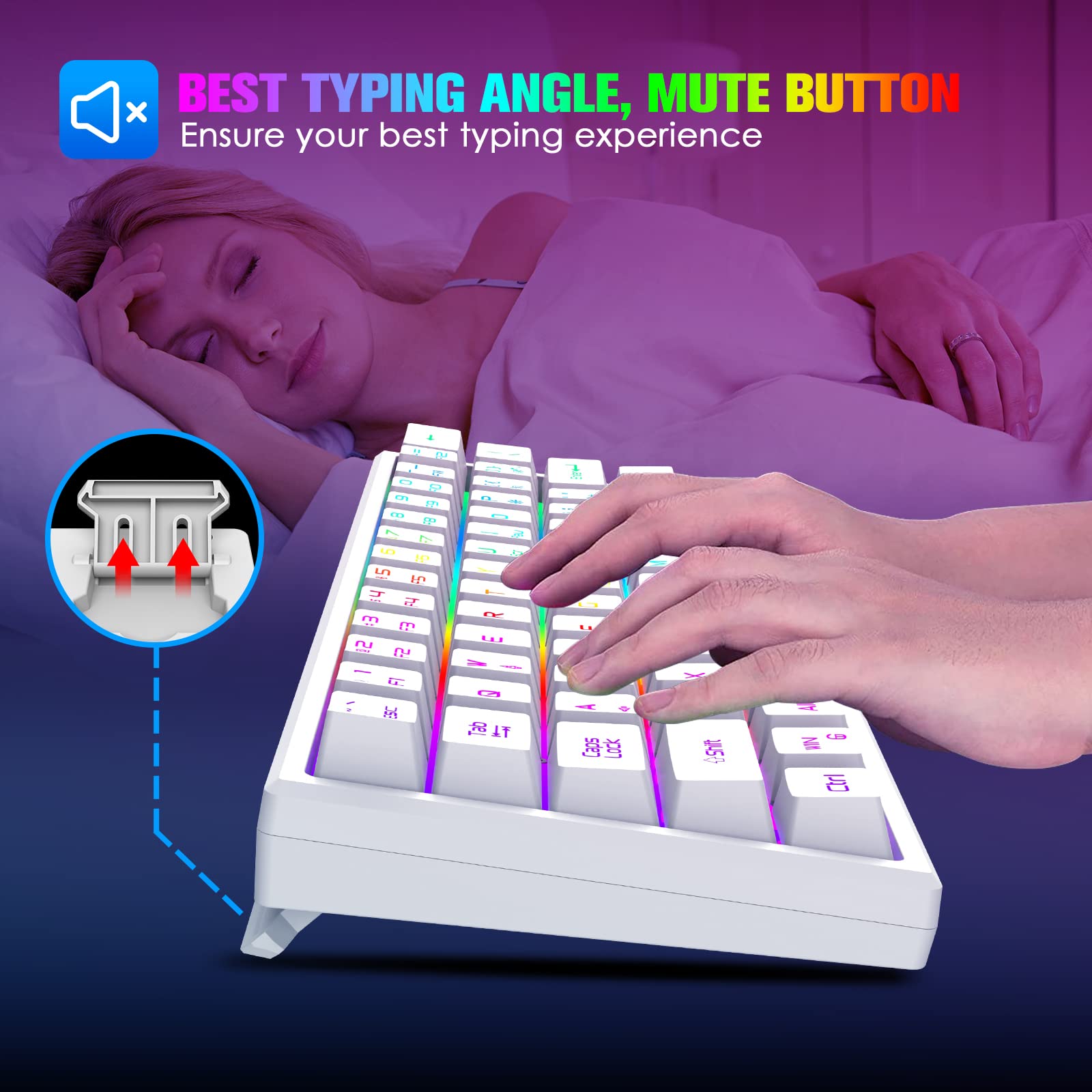 A.JAZZ Wireless Gaming Keyboard and Mouse Combo with 61 Key TKL Rainbow LED Backlight Rechargeable 4000mAh Battery Mechanical Feel Anti-ghosting Ergonomic Waterproof RGB Mute Mice for Win/Mac (White)