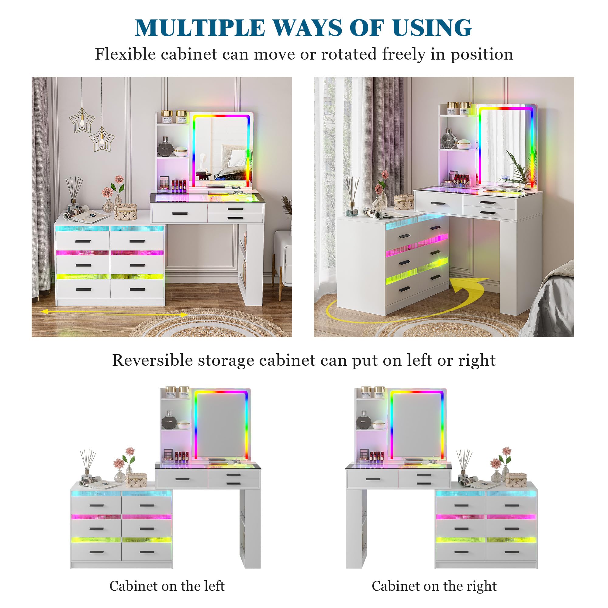 WOOVIVS Vanity Desk with Lights and Sliding Vanity Mirror, Makeup Vanity Desk with Charging Station, Vanities Dressing Table with Stool, LED Vanity Set with Large Drawers&Shelves for Bedroom, Grey
