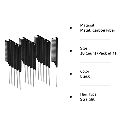 30 Pieces Parting Comb for Braids Hair Rat Tail Comb Steel Pin Rat Tail Carbon Fiber Heat Resistant Teasing Combs with Stainless Steel Pintail (Black)