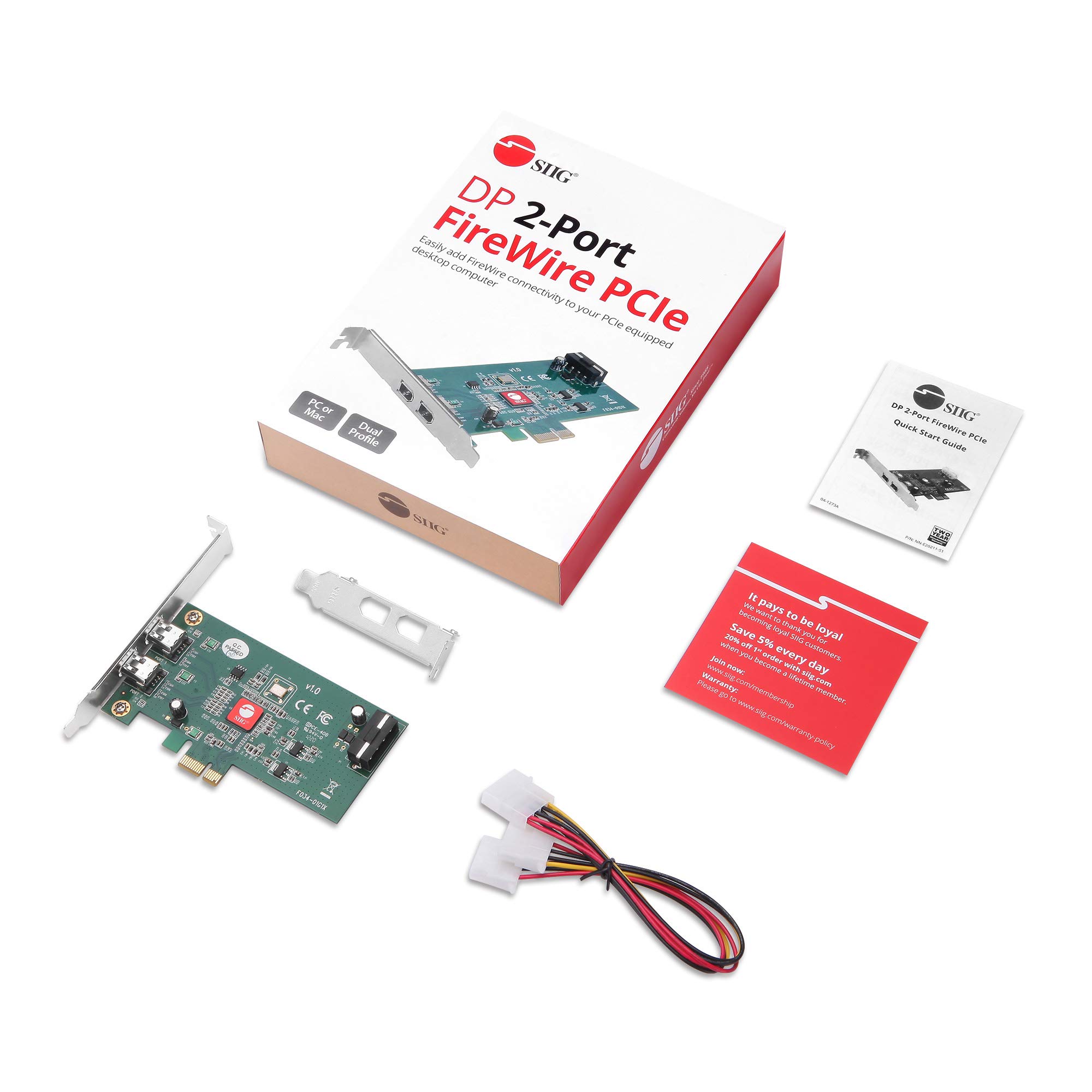 SIIG Dual Profile 2-Port FireWire 400 PCIe Card, PCIe 1.1 x1 to Dual 6-pin 1394a Port, 400Mbps, TI XIO2213BZAY Chipset, for Windows & Mac, Dual-Profile Brackets (NN-E20211-S1)