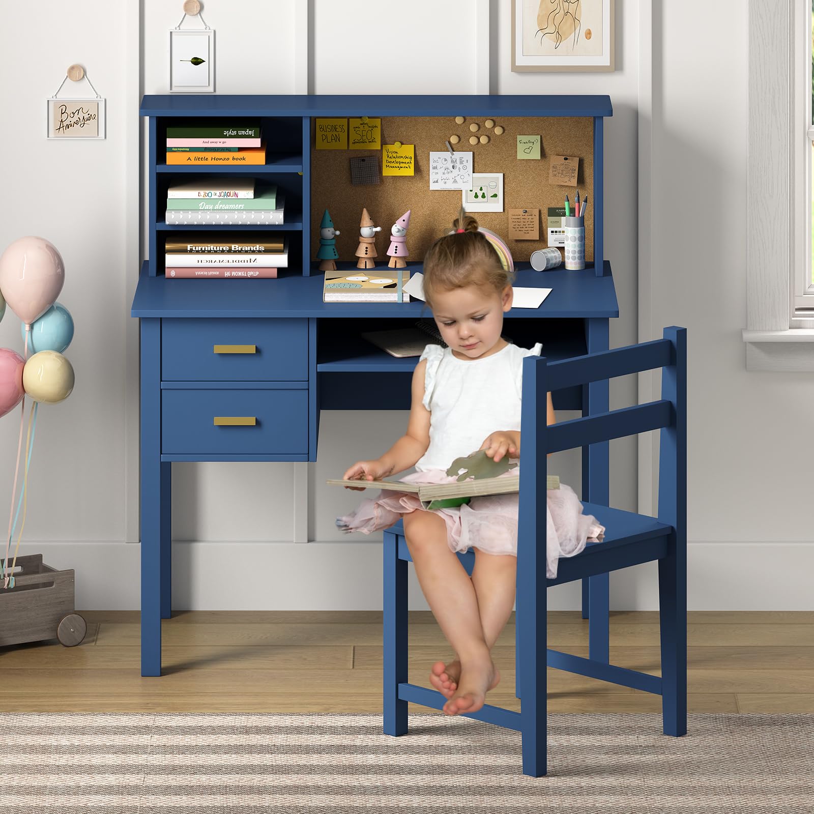 wanan Kids Desk and Chair Set, Wooden Children Study Table with Hutch/Drawer & Bulletin Board, Student Study Desks Computer Desk Art Desk for Bedroom Study Room (Blue)