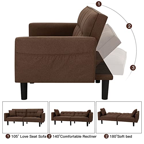 AVAWING Futon Sofa Bed, Modern Linen Fabric Convertible Sofa Bed Upholstered Sofa Couch Bed with Adjustable Back, Arms and High Strength Nylon Legs for Living Room, Apartment, Office(Brown)