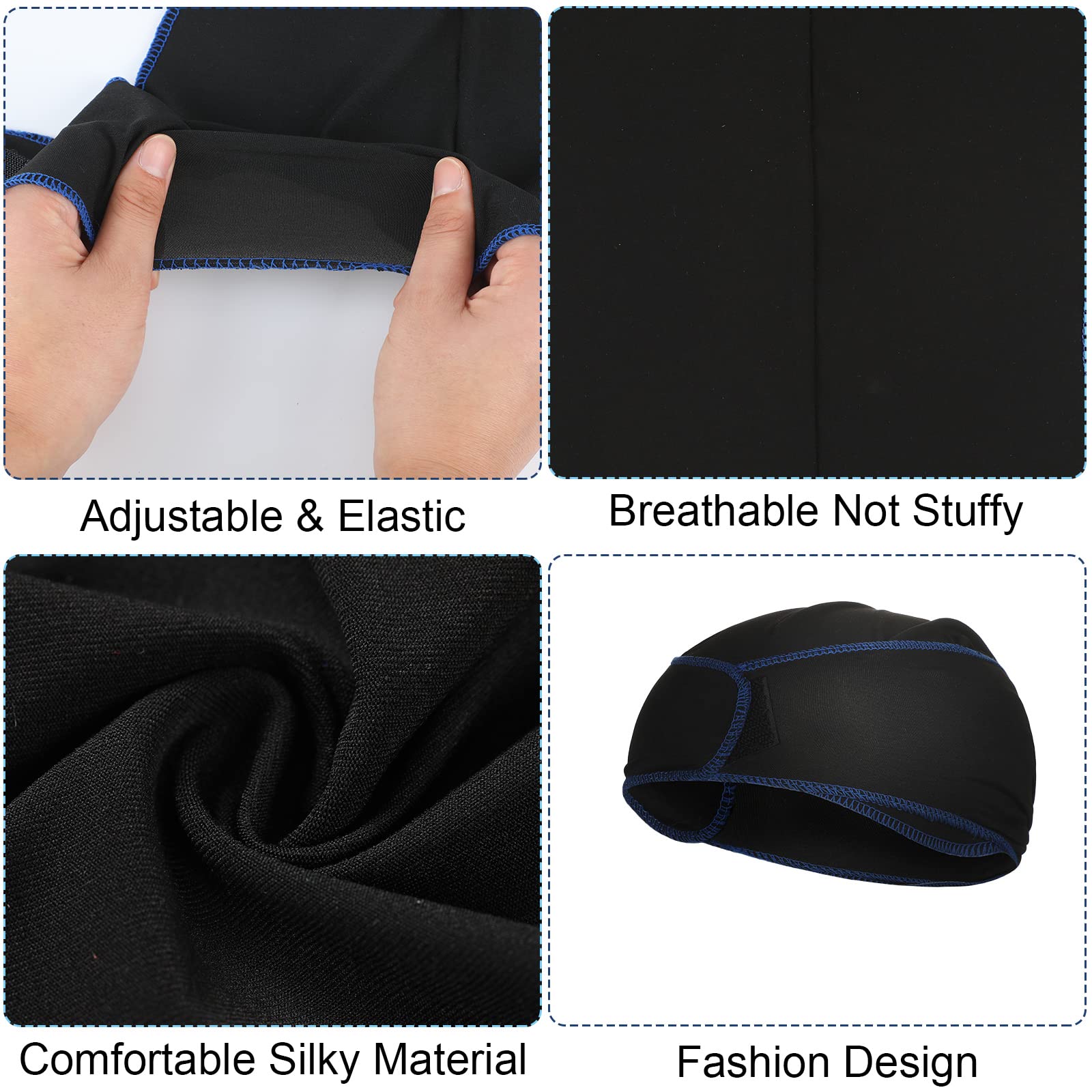 4 Pieces No Strings Snaps Stringless Durag Compressing Cap with Hook and Loop Skull Cap Wave Cap Cooling Helmet Liner Breathable Men Durag Sweat Wicking Durag Cap Cycling Stocking Black for Men Women