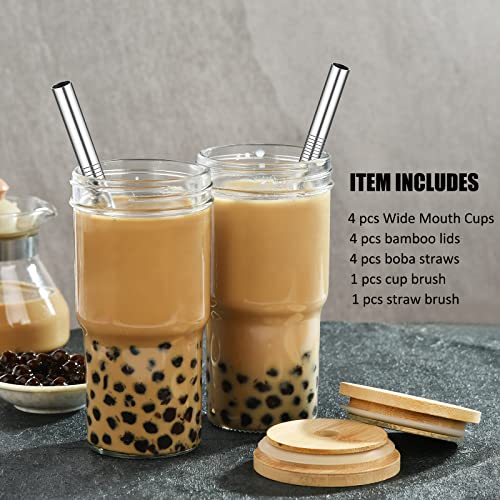 ALINK 4-Pack Glass Cups with Bamboo Lids and Straws, 22oz Mason Jar Glass Tumbler, Reusable Boba Cups, Iced Coffee Drinking Glasses for Bubble Tea, Smoothies, Juice - 2 Cleaning Brush