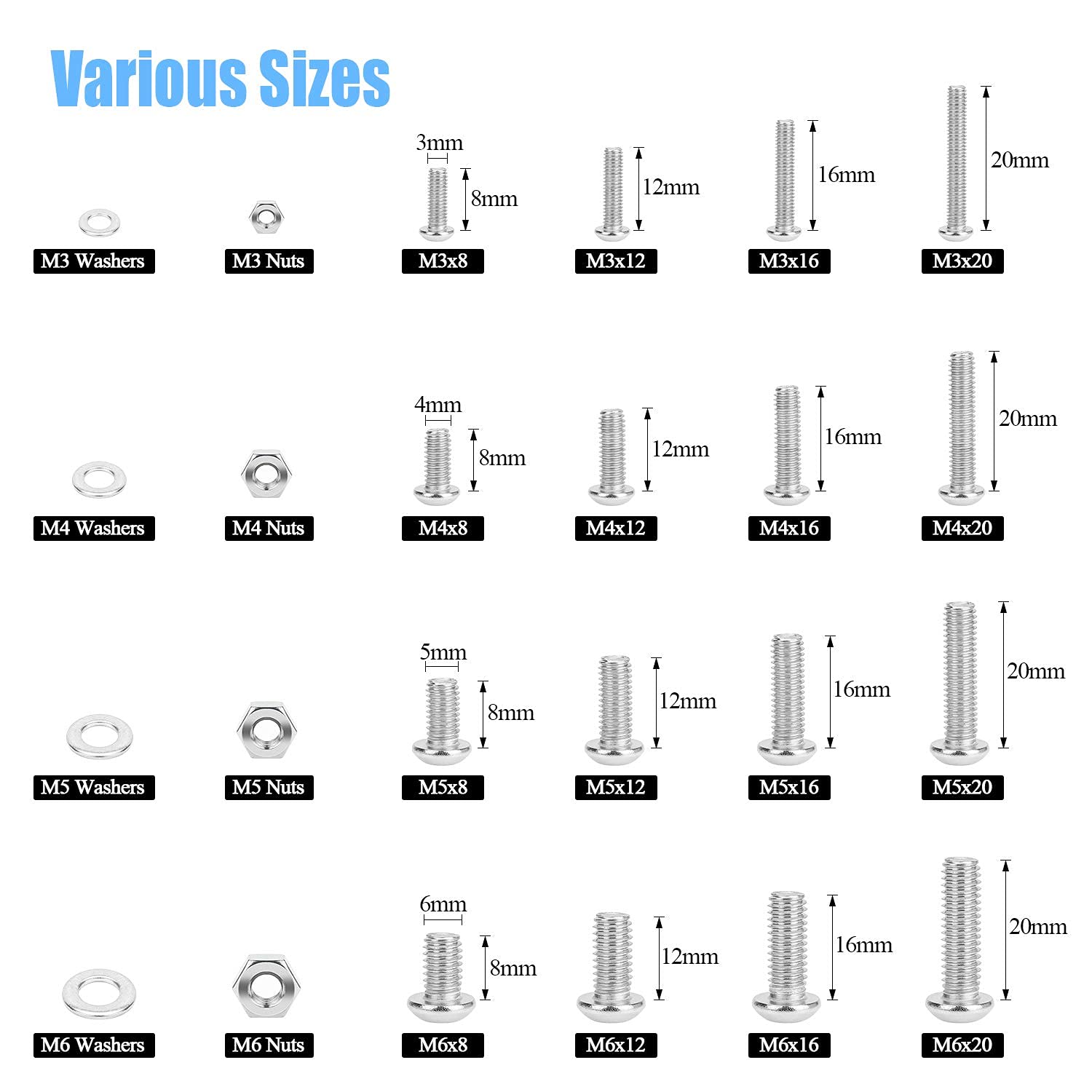 DYWISHKEY 520 PCS M3 M4 M5 M6, 304 Stainless Steel Hex Button Head Cap Bolts Screws Nuts Washers Assortment Kit with Hex Wrenches