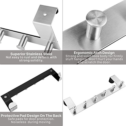 Flexzion Over The Door Hooks Organizer Stainless Steel - Removable Door Hanger Holder Rack with 6 Hooks for Bathroom Bedroom Kitchen Home Cubicle Cabinet Closet Clothes Coat Hat Belt Bag and Towel