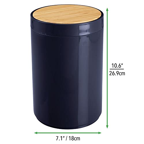mDesign Plastic Round Trash Can Small Wastebasket, Garbage Bin Container with Swing-Close Lid, Kitchen, Bathroom, Home Office, Bedroom Basket; Holds Waste, Recycling,1.3 Gallon -Navy Blue/Natural