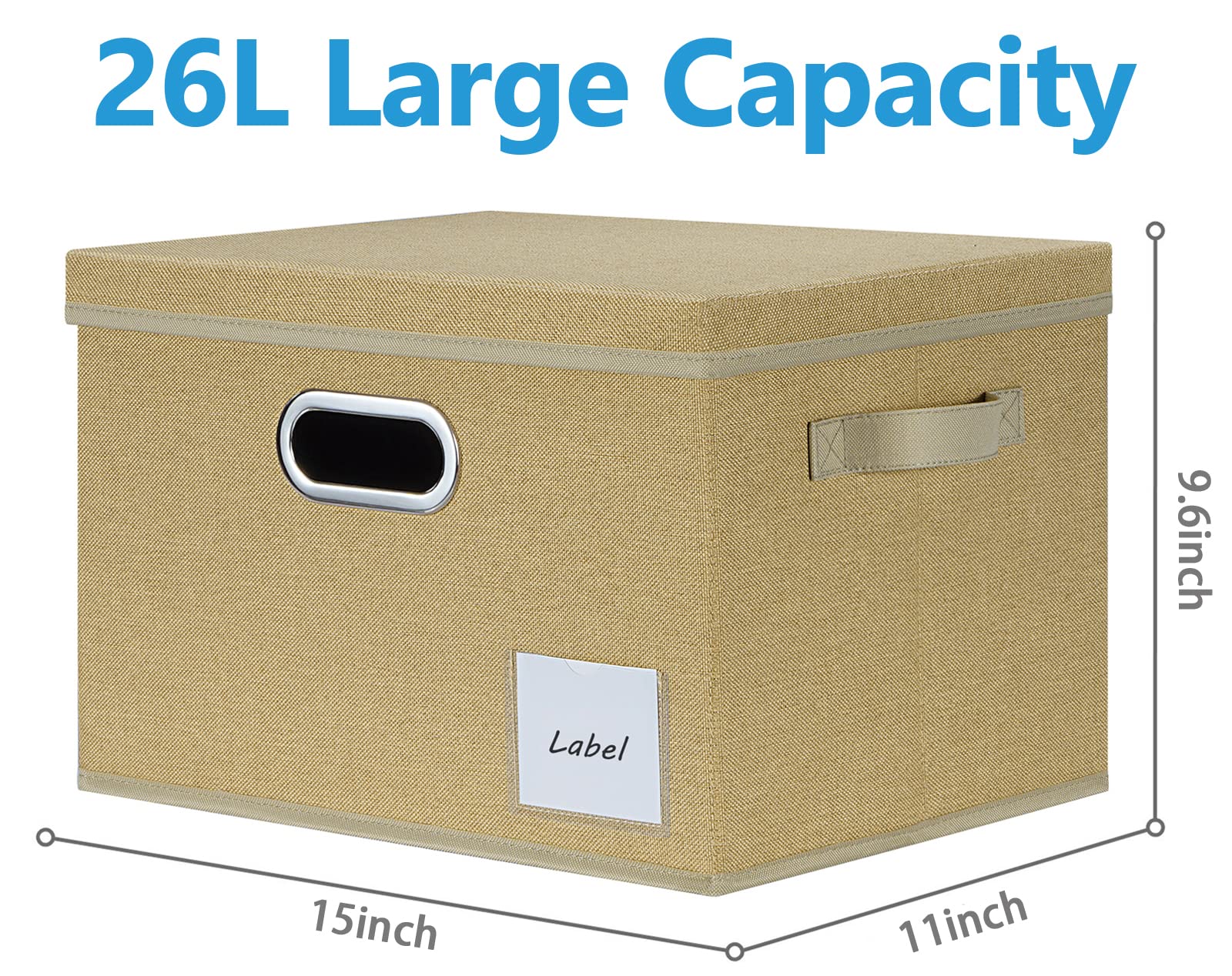 LHZK Large Storage Bins with Lids 6 Pack, Foldable Linen Fabric Storage Boxes with Lids, Sturdy Fabric Storage Bins with Label & 3 Handles for Shelves Bedroom Home Office (Beige, Large)