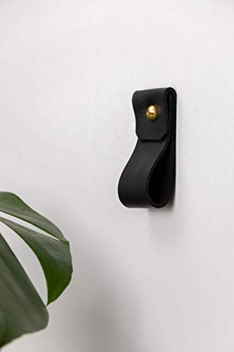 KEYAIIRA - Small Black Leather Wall Hook, minimalist leather strap hanger for bath towel holder leather wall hook strap towel hook bathroom decor brass towel ring nordic home