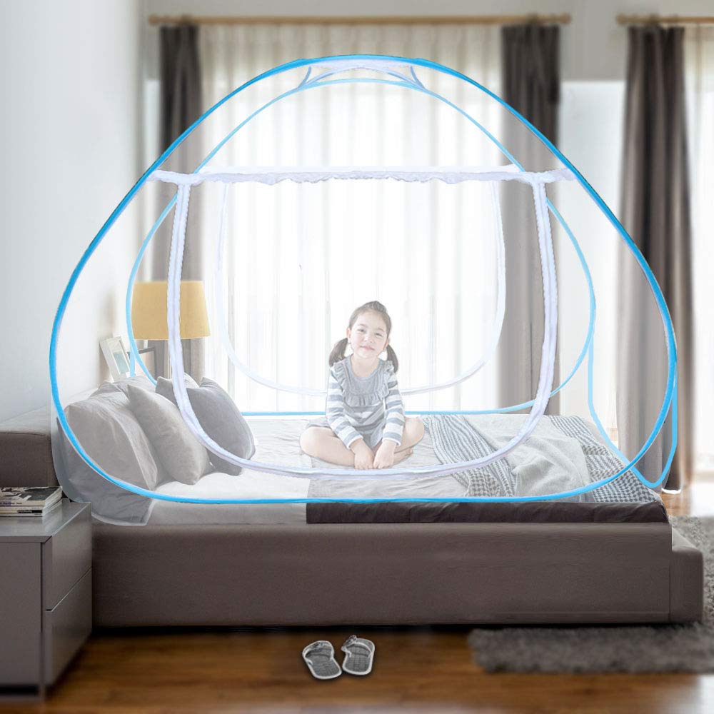 Mintime Pop-Up Mosquito Net Portable Folding Mosquito Net Tent with Bottom Double Doors Bed Tent for Baby Toddlers Adult (King Size, 71"x79"x59") (Blue)
