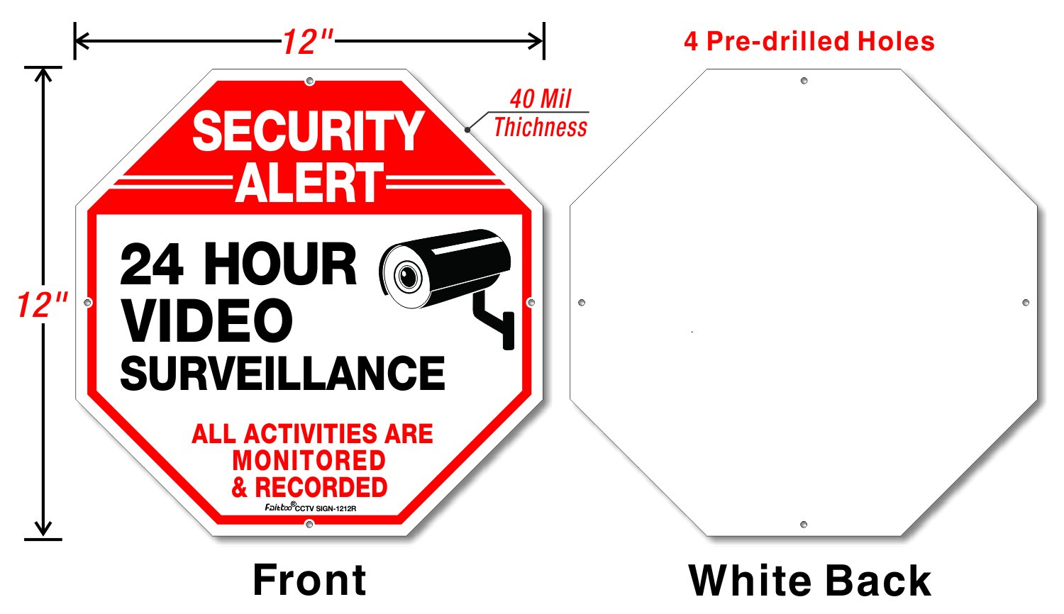 Video Surveillance Signs, Security Signs,Octagon 12 x12 Inches 40Mil Thick Aluminum Reflective sign for Home Business CCTV Security Camera, UV Protected & Waterproof, 4 pack