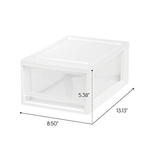IRIS USA 6 Quart Compact Stacking Storage Drawer, Plastic Drawer Organizer with Clear Doors for Undersink, Kitchen, Pantry, Desk, and Home De-Clutter, Store Shoes and Craft Supplies, 4-Pack, White