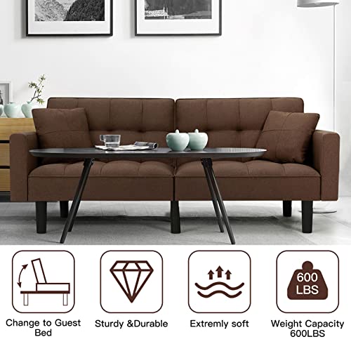 AVAWING Futon Sofa Bed, Modern Linen Fabric Convertible Sofa Bed Upholstered Sofa Couch Bed with Adjustable Back, Arms and High Strength Nylon Legs for Living Room, Apartment, Office(Brown)