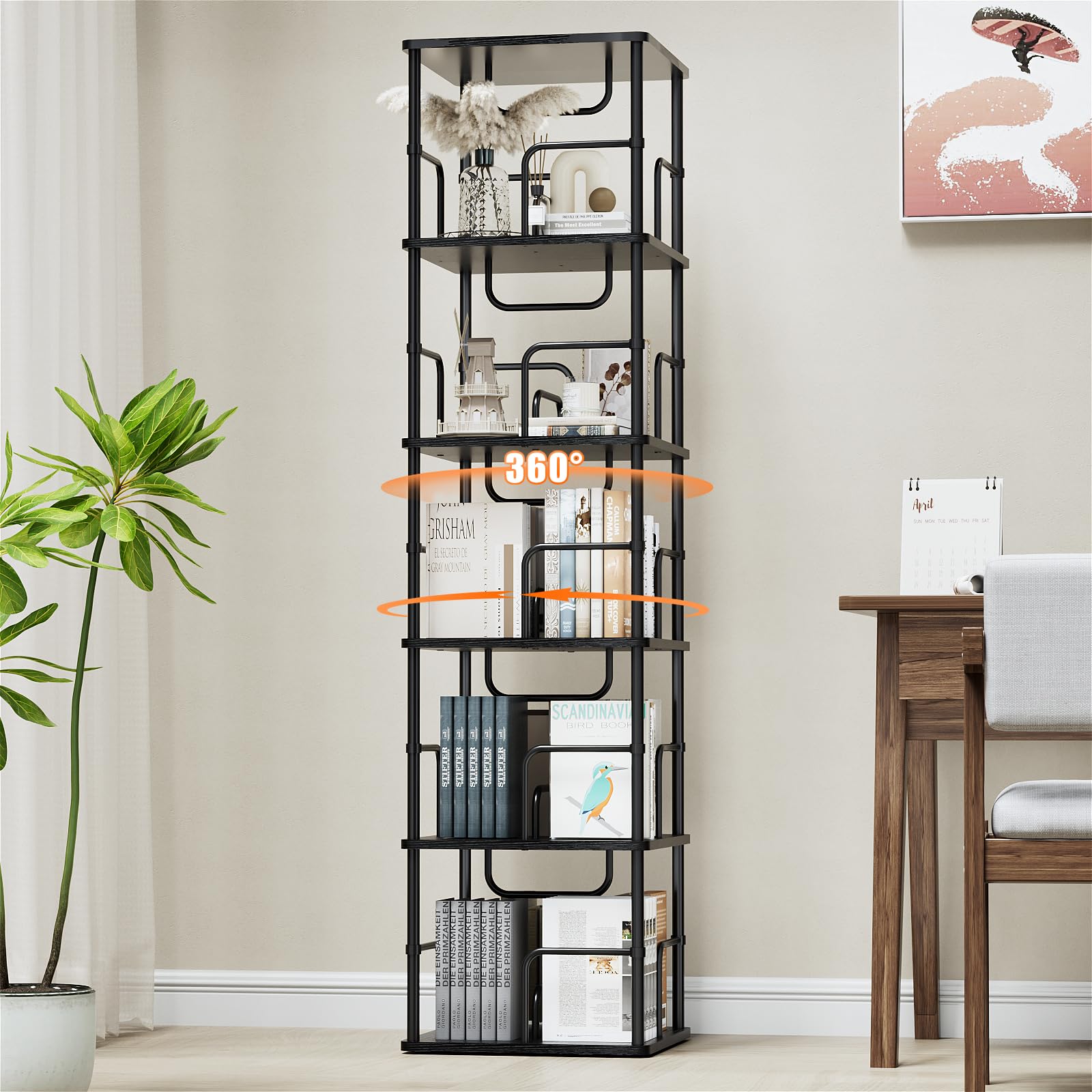 5 Tier Square Rotating Bookshelf, 360 ° Display Stackable Spinning Bookshelf Tower, Space Saving Tall Floor Standing Swivel Bookcase Corner Storage Organizer for Bedroom, Living Room, Rustic Brown