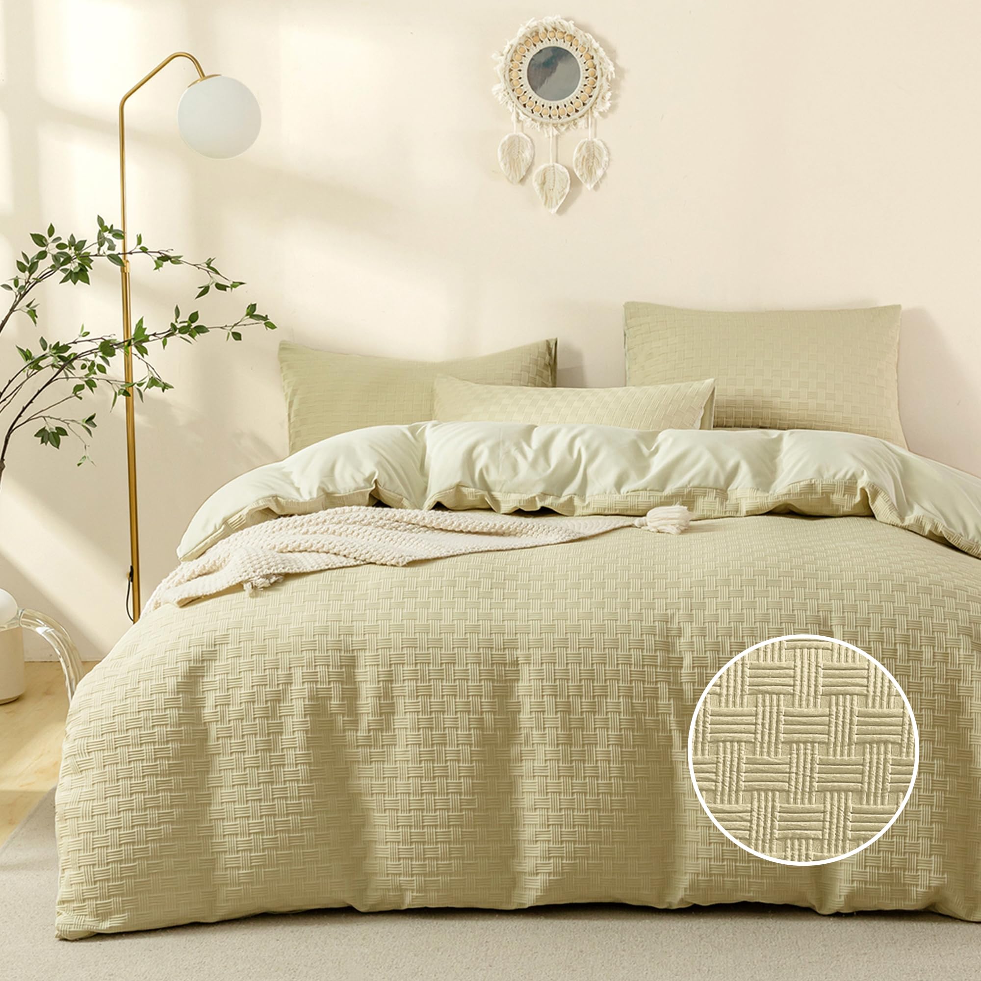 JELLYMONI Green Duvet Cover Queen Size - 3 Pieces Soft and Breathable Microfiber Knitted Jacquard Waffle Weave Striped Comforter Cover with 8 Corner Ties & Zipper Closure