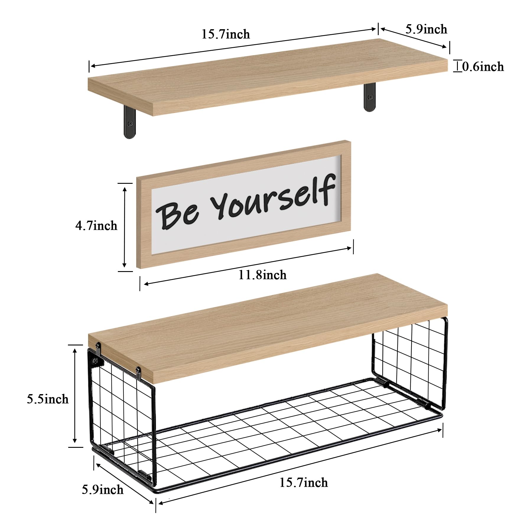 KOROI Bathroom Shelves Over Toilet,Floating Shelves Wall Mounted with Storage Basket,Wall Shelves for Bathroom,Bedroom,Living Room (Light Brown)