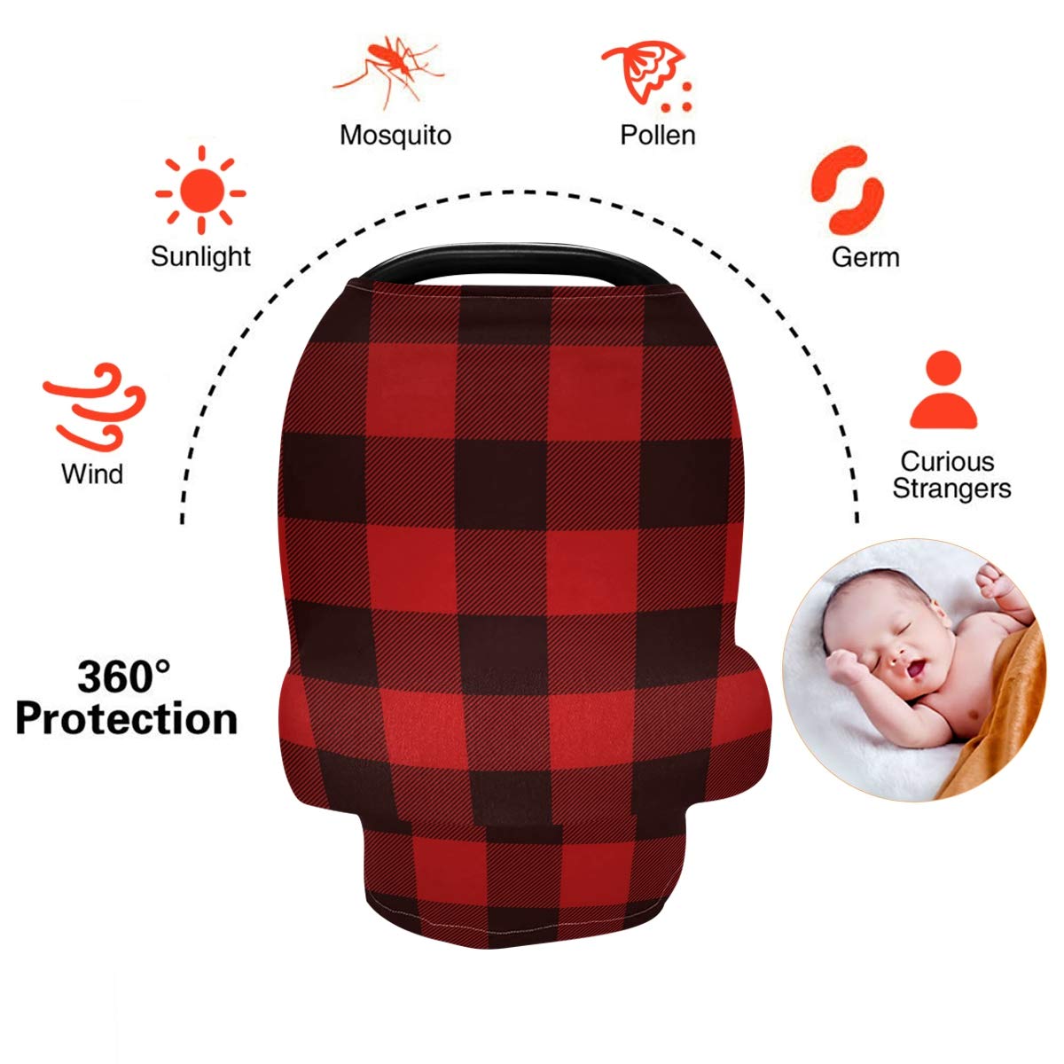 Nursing Cover Breastfeeding Scarf Red Black Buffalo Plaid - Baby Car Seat Covers, Stroller Cover, Carseat Canopy (824a)