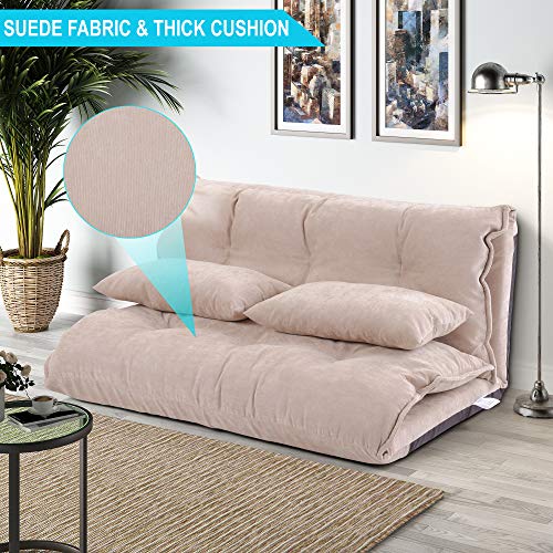 Adjustable Floor Sofa Bed with 2 Pillows , Folding Futon Couch Leisure Lazy Sofa with 5 Reclining Position, Suede Floor Sofa for Reading or Gaming in Bedroom/Living Room/Balcony,Beige