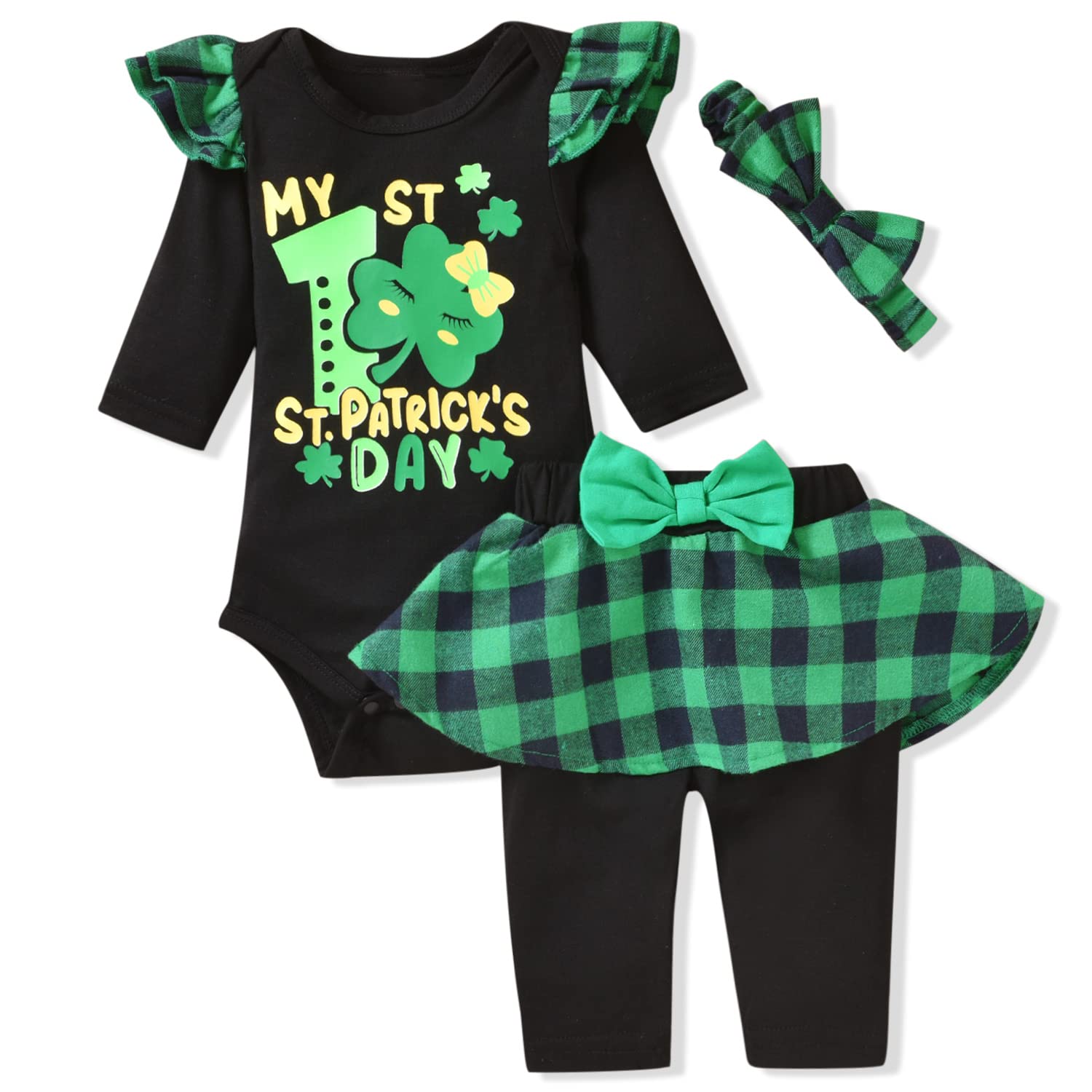 Aalizzwell Baby Girl St. Patricks Day Outfit, Infant Girls St Paddys Day Bodysuit Pants Shamrock Clover Clothes 6-12 Months Black