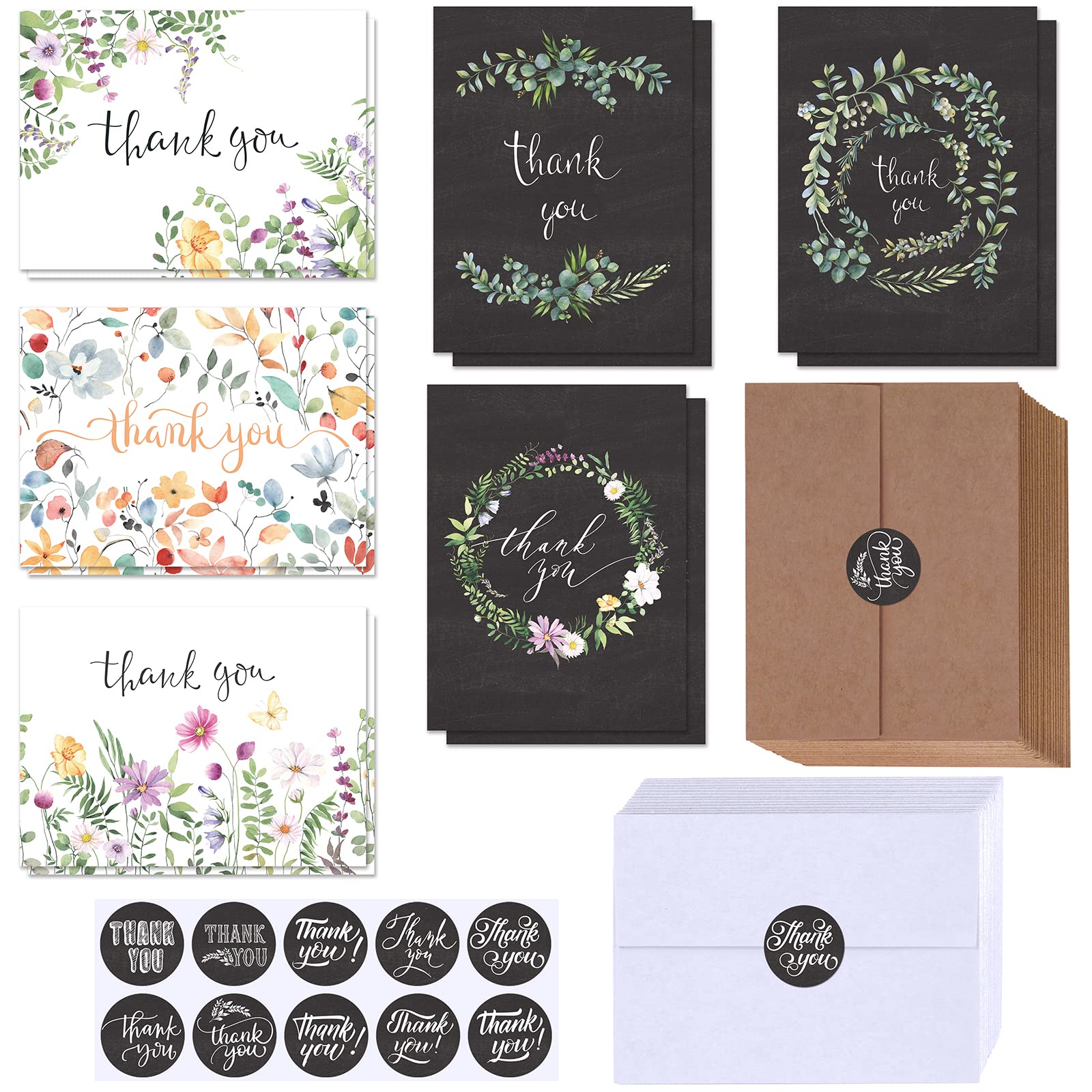 Winlyn 150 Sets Bulk Blank Thank You Cards with Envelopes Stickers Assortment 6 Design of Chalkboard Floral Watercolor Wildflower Thank You Greeting Cards Note Cards for Wedding Bridal Baby Shower