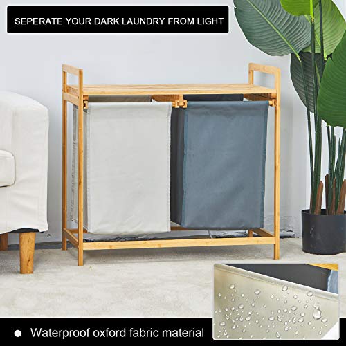 WORTHYEAH Bamboo Laundry Hamper and Shelf, Dual Compartments Laundry Basket with Removable Bag, 2 Sections Laundry Organizer and Storage, Wooden Bamboo Laundry Sorter