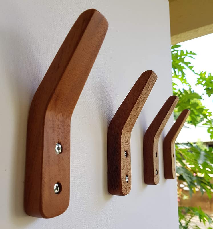 WRIGHTMART Wood Wall Coat Hook, Set of 4, Heavy Duty Hanger, Handmade of Mahogany, for Entryway, Hallway. Bathroom, Kitchen, Home Organizer for Towels, Hats, Cloths (Natural)
