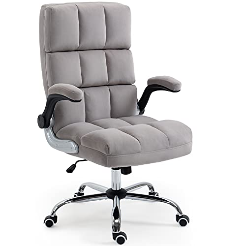 AVAWING Velvet Office Chair w/Wheels, Executive Computer Desk Chair w/Adjustable Tilt Angle and Flip-up Arms, High-Back Ergonomic Padding Chair, Grey