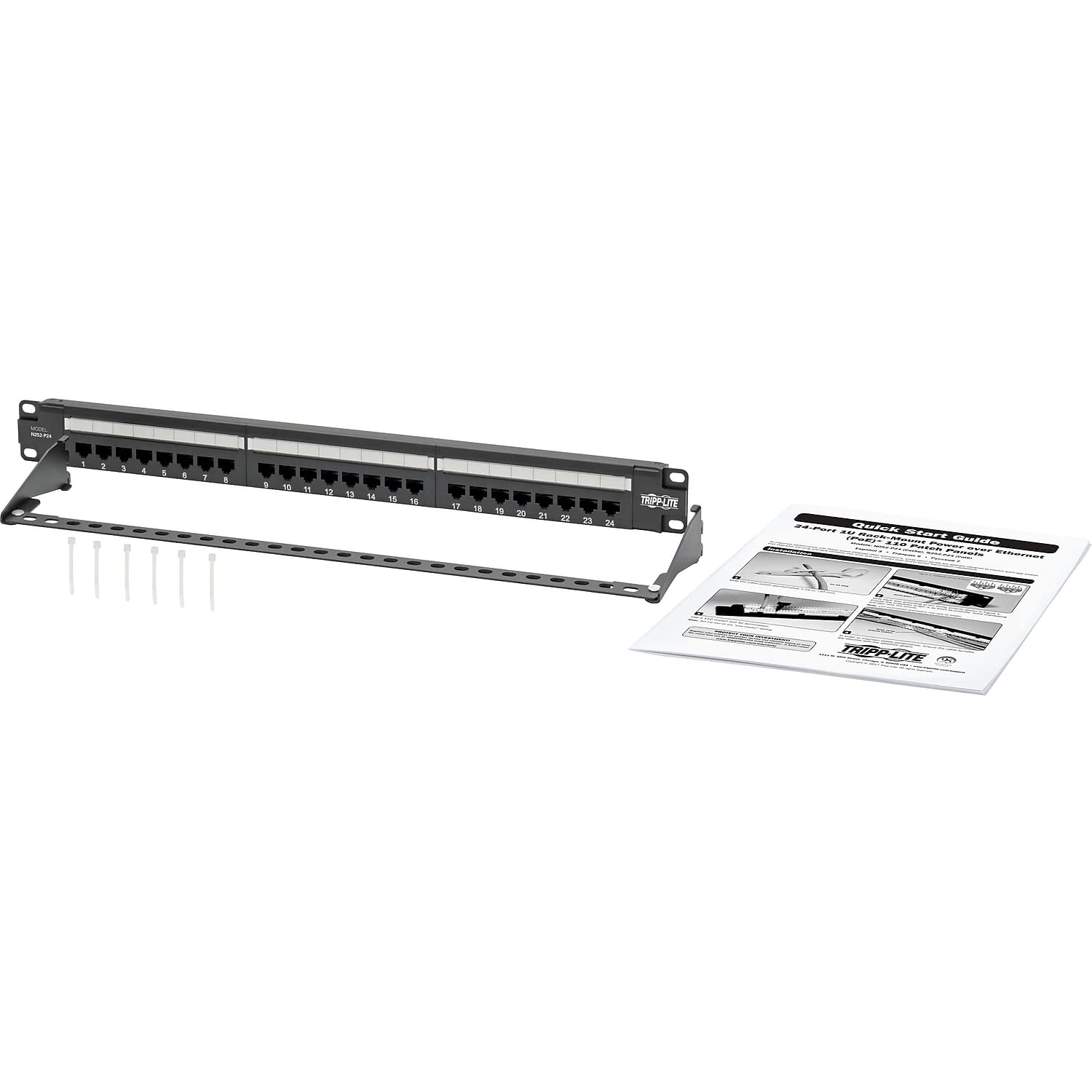 Eaton Tripp Lite Cat6 24-Port PoE+ Patch Panel, RJ45 Ethernet, 1U Rackmount, EIA/TIA 568A/B Wiring Standards for 110 & Krone Terminations, (N252-P24), Black