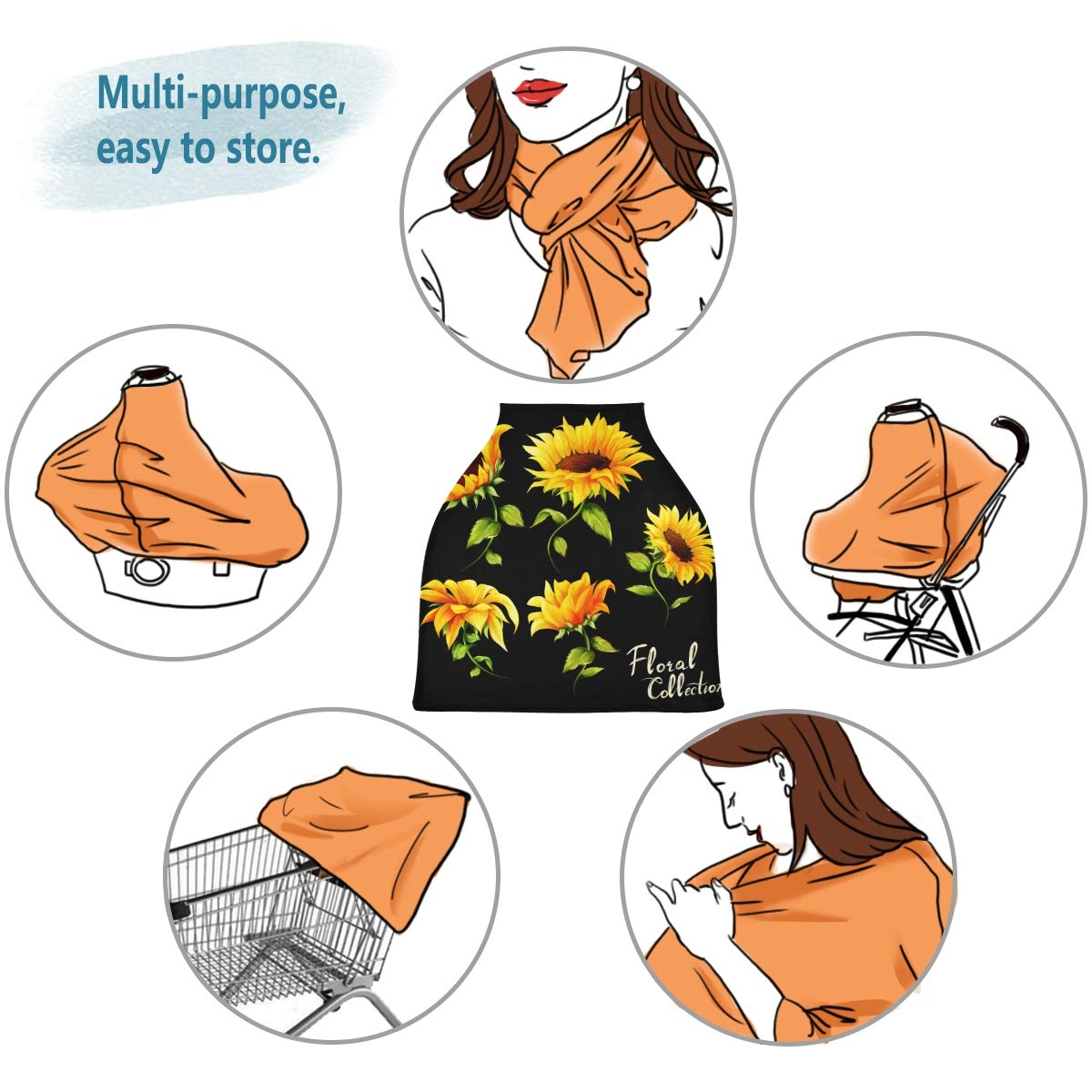 Nursing Cover Breastfeeding Scarf Sunflowers Floral Black- Baby Car Seat Covers, Stroller Cover, Carseat Canopy (r)