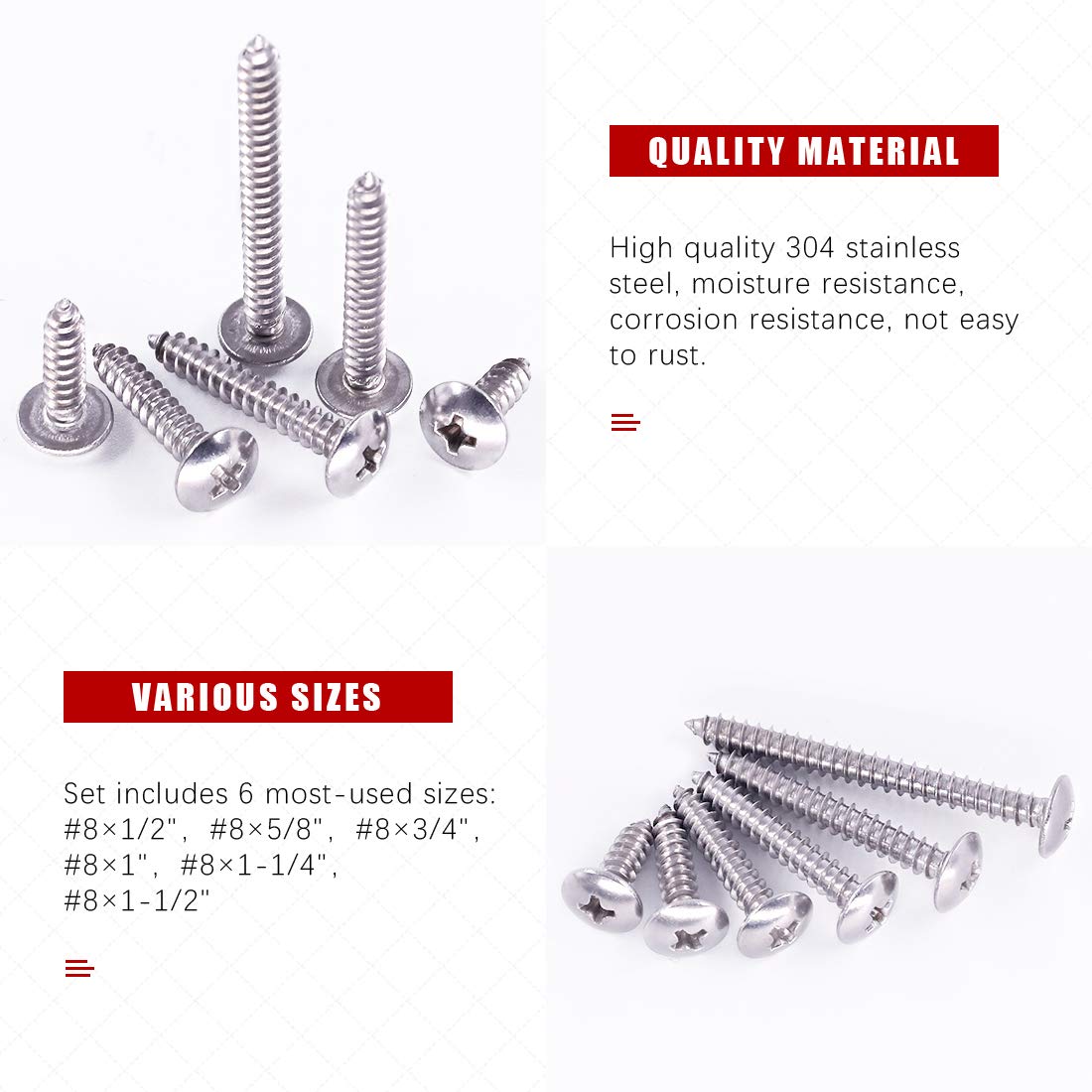 Hilitchi 240 Pcs #8 304 Stainless Steel Phillips Truss Head Self Tapping Sheet Metal Screws Assortment Kit Set