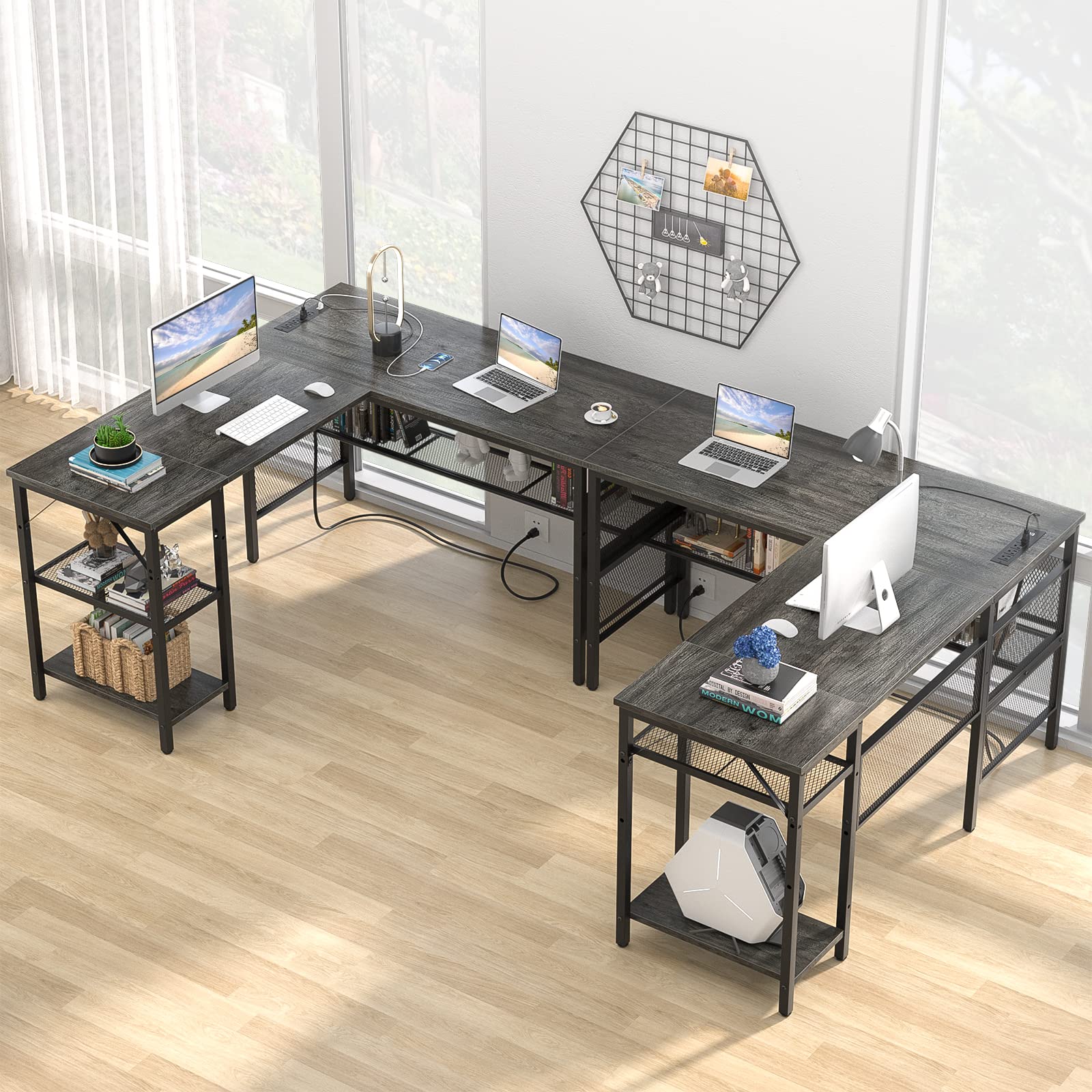 Unikito L Shaped Corner Computer Desk with USB Charging Port and Power Outlet, Storage Shelves, Reversible, Industrial 2 Person Gaming Table Modern Home Office Desks, White Oak