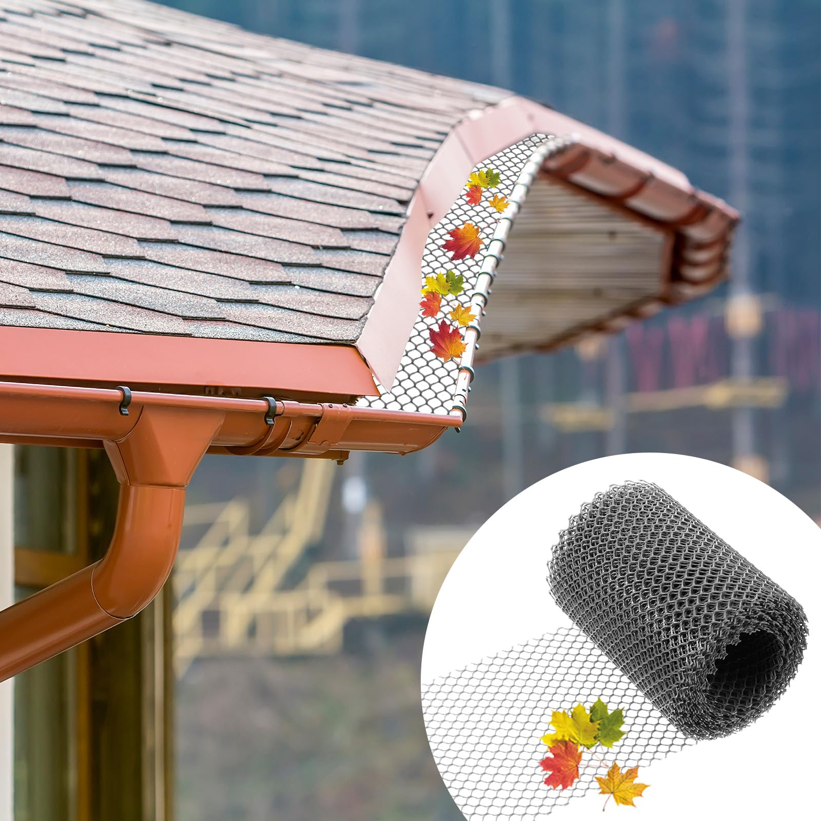 4 Rolls Gutter Guards Plastic Guards Mesh Rolls Downspout Pipe Gutter Covers DIY Filter Gutter Protection Netting with 40 Clip Fixed Hooks Preventing from Twigs Debris Clogged Leaves (Black)