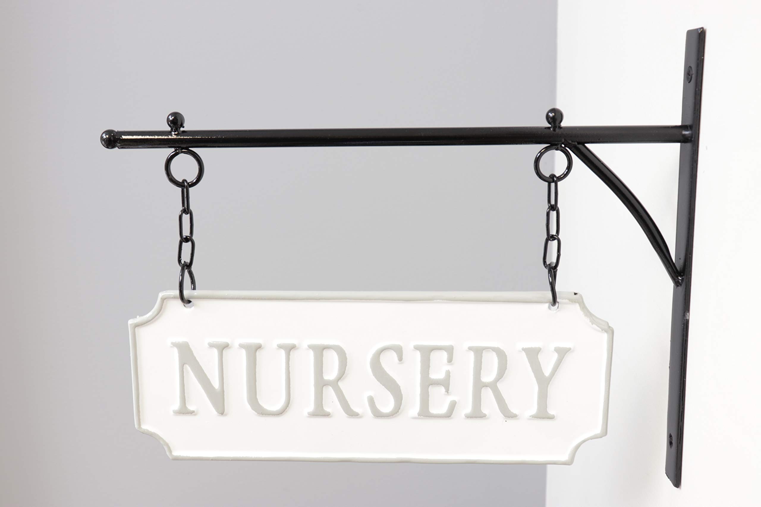 Silvercloud Trading Co. Rustic Hanging Double-Sided NURSERY Embossed Soft Gray on White Enamel Metal Sign with Bracket - Wall Decor - Room Label