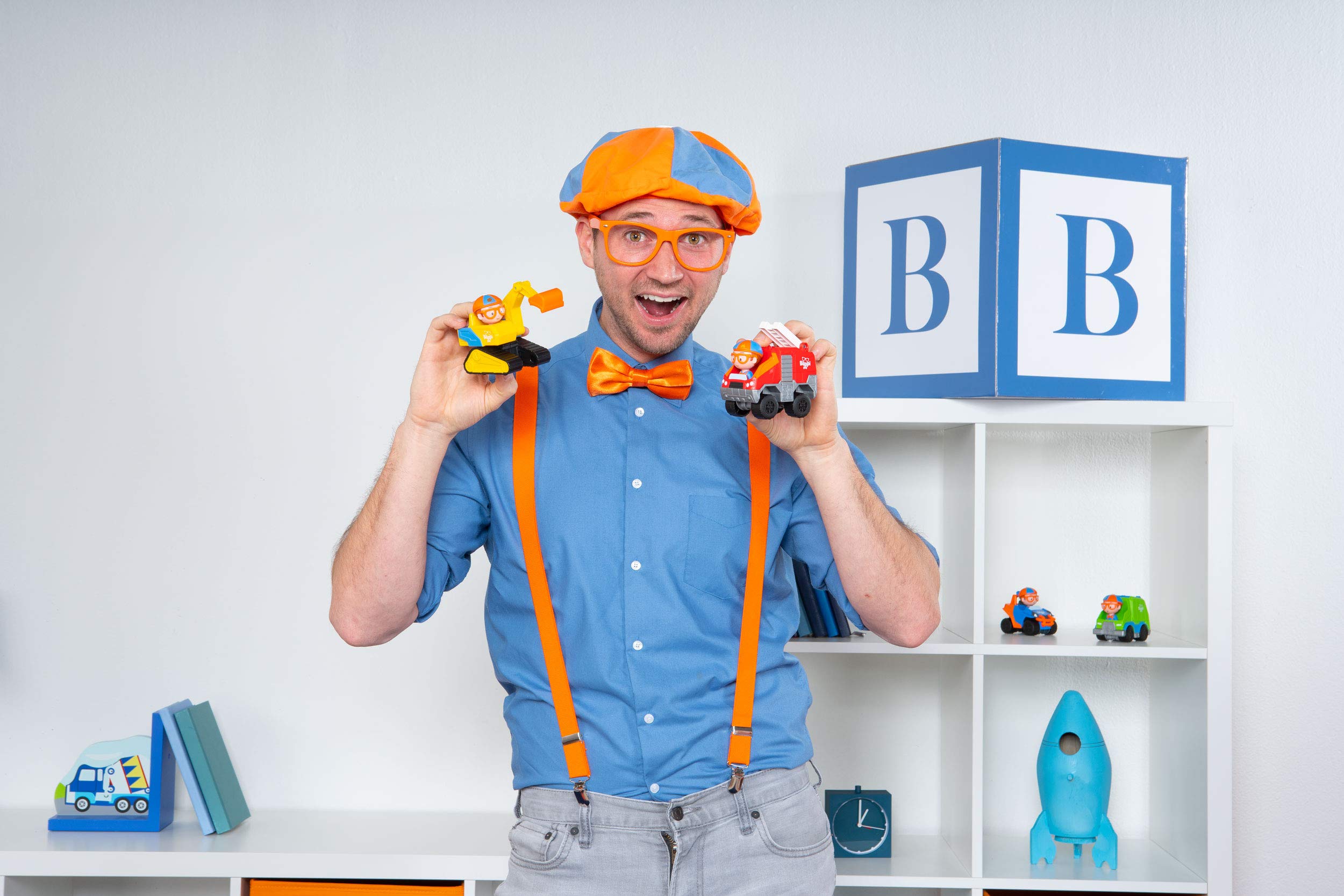 Blippi Mini Vehicles, Including Blippi Skid Steer and Blippi Ambulance, Each with a Blippi Toy Figure Seated Inside, Perfect for Young Children