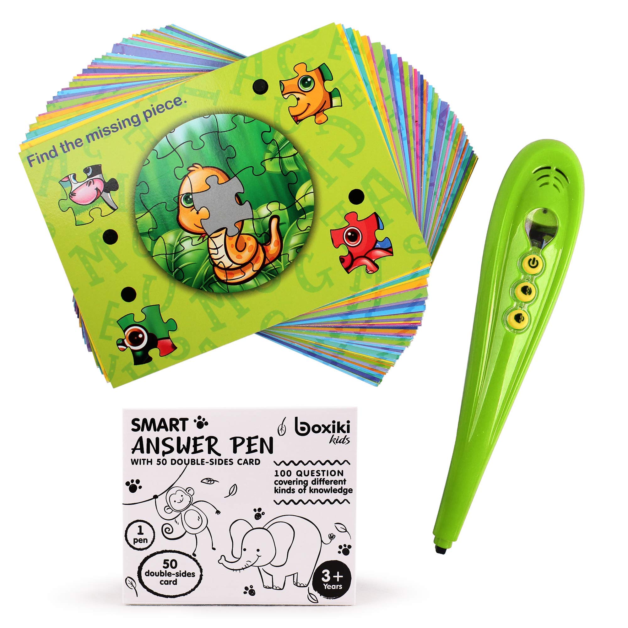 Boxiki Kids Preschool Learning Toddler Flash Cards w/ 100 Quizzes, 50 Flashcards and a Smart Pen, Learn to Read Kids Toys for Brain Development, Educational and Learning Toys for 3 Year olds +